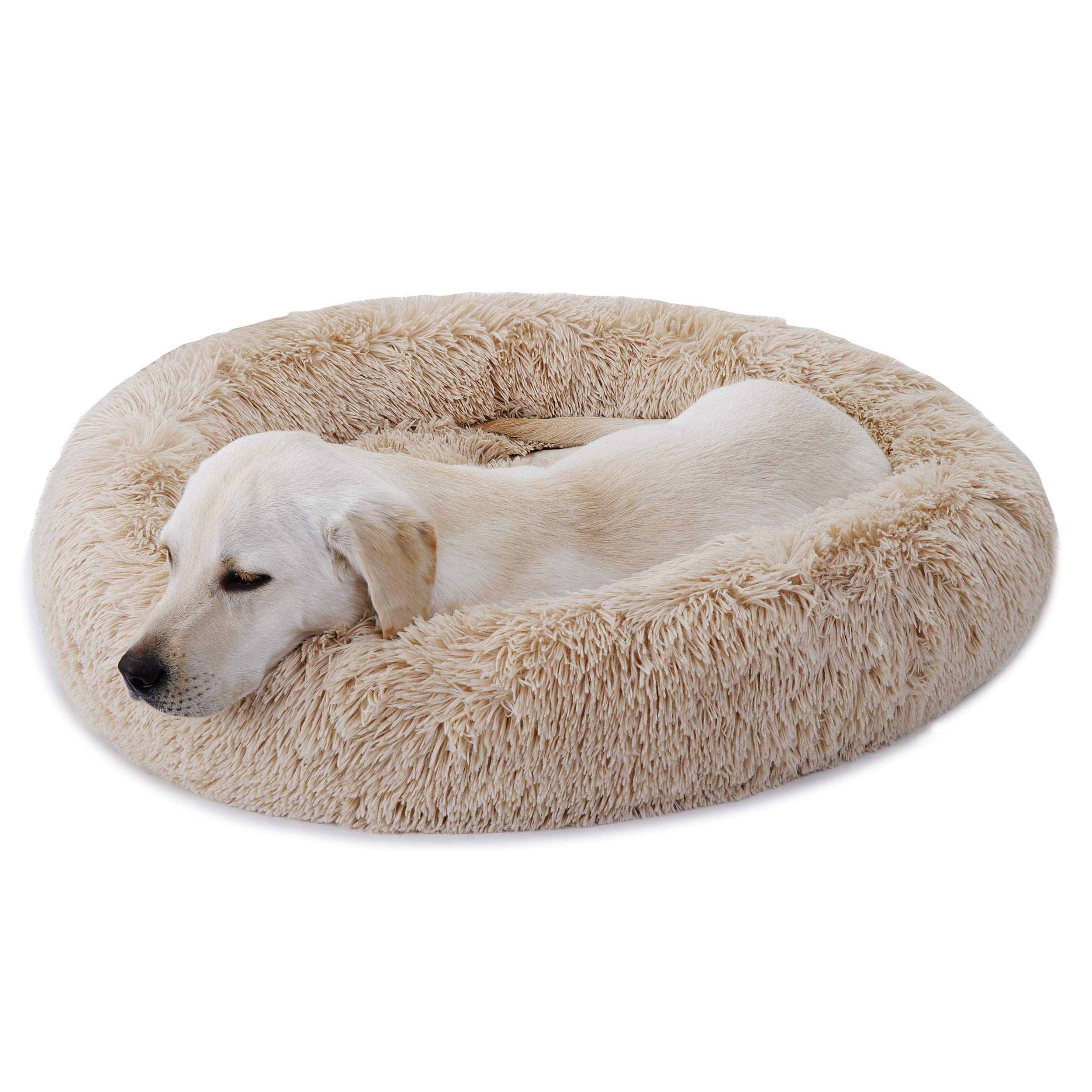 Donut Dog Bed Calming Ultra Soft Shag Faux Fur Dog Bed Comfortable Donut Cuddler for Dogs and Cats,Self Warming and Washable (30Inches, Beige)