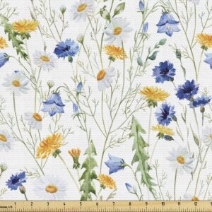 ambesonne flower fabric by the yard, wild flowers poppies and daisies rural nature scenery in meadows rustic, decorative fabric for upholstery and home accents, 1 yard, ivory yellow