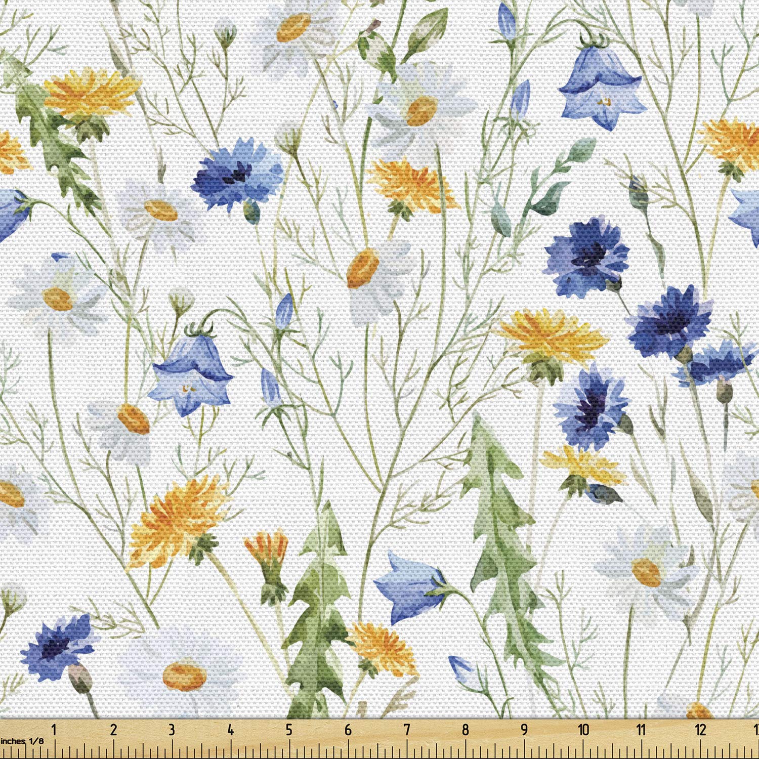 Ambesonne Flower Fabric by The Yard, Wild Flowers Poppies and Daisies Rural Nature Scenery in Meadows Rustic, Decorative Fabric for Upholstery and Home Accents, 1 Yard, Ivory Yellow