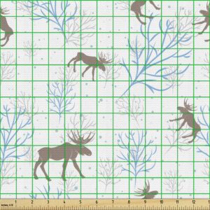 Ambesonne Moose Fabric by The Yard, Winter Forest Retro Style Illustration Reindeer and Trees Snowy Xmas Nature, Decorative Fabric for Upholstery and Home Accents, 1 Yard, Blue Brown