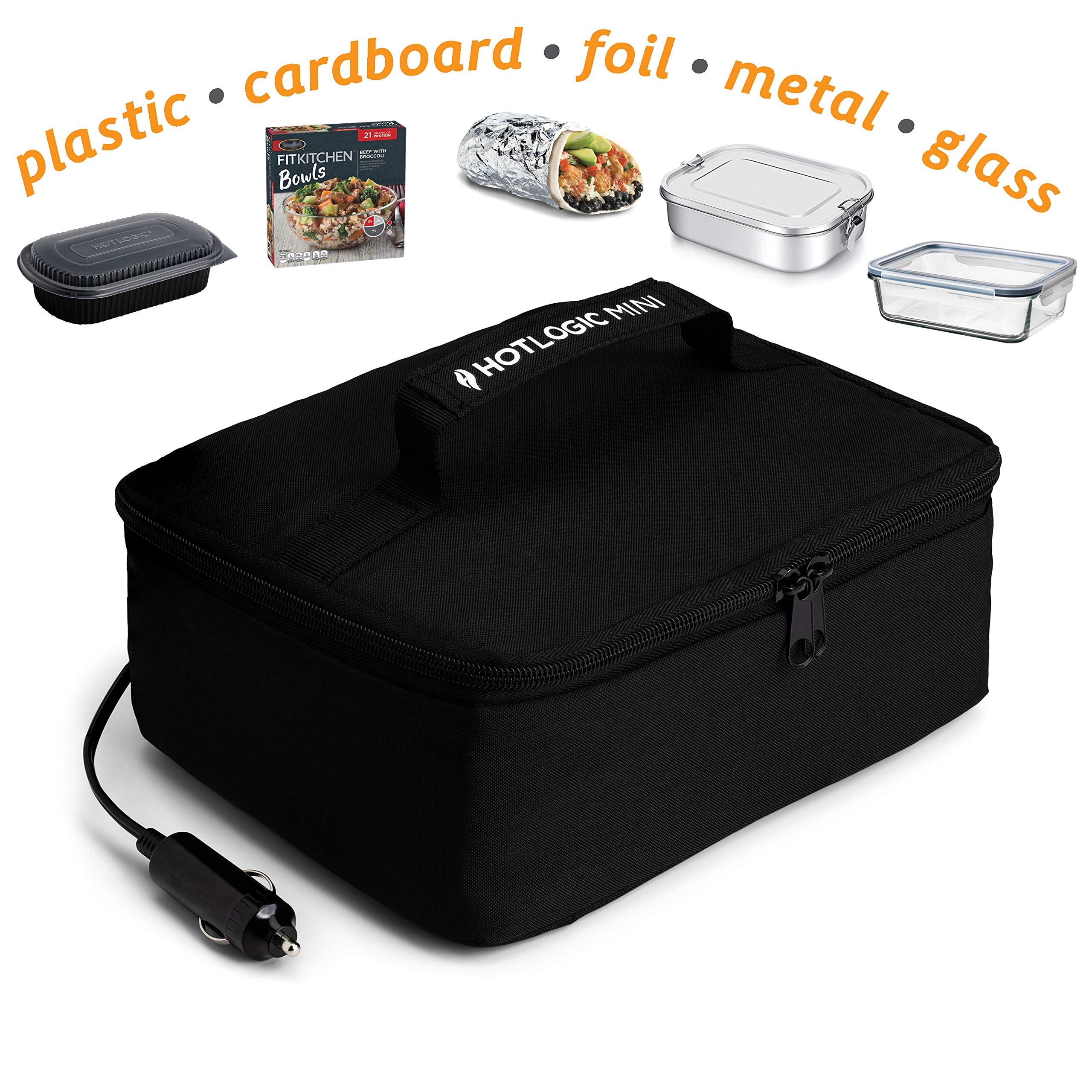 HOTLOGIC Mini Portable Electric Lunch Box Food Heater with Glass Container - Food Warmer and Heated Lunch Box for Adults Car/Home - Cook, Reheat, and Keep Your Food Warm - BLACK - 12V