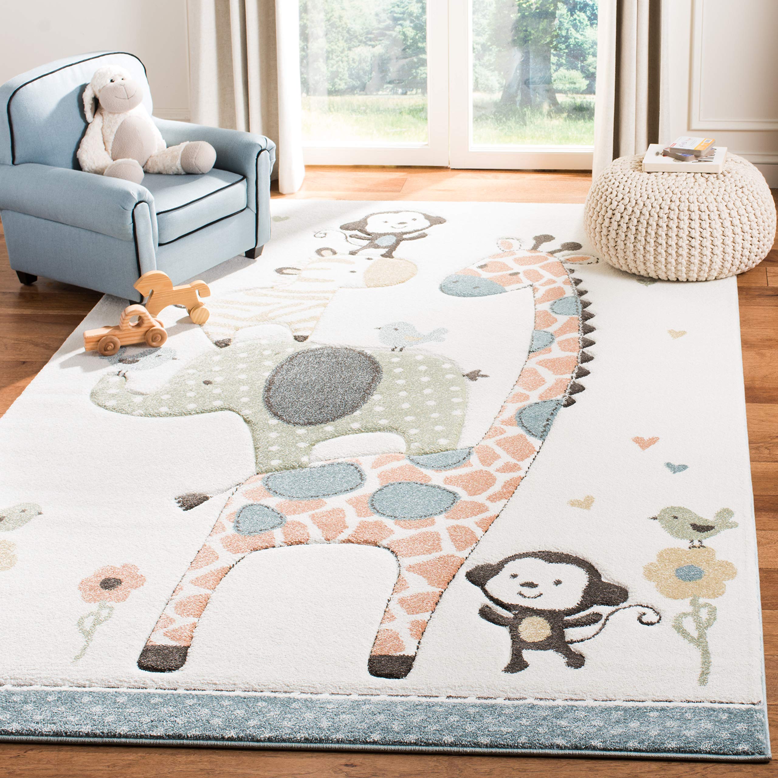 SAFAVIEH Carousel Kids Collection Area Rug - 4' Square, Ivory, Animal Design, Non-Shedding & Easy Care, Ideal for High Traffic Areas for Boys & Girls in Playroom, Nursery, Bedroom (CRK120A)