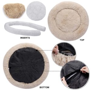 Donut Dog Bed Calming Ultra Soft Shag Faux Fur Dog Bed Comfortable Donut Cuddler for Dogs and Cats,Self Warming and Washable (30Inches, Beige)