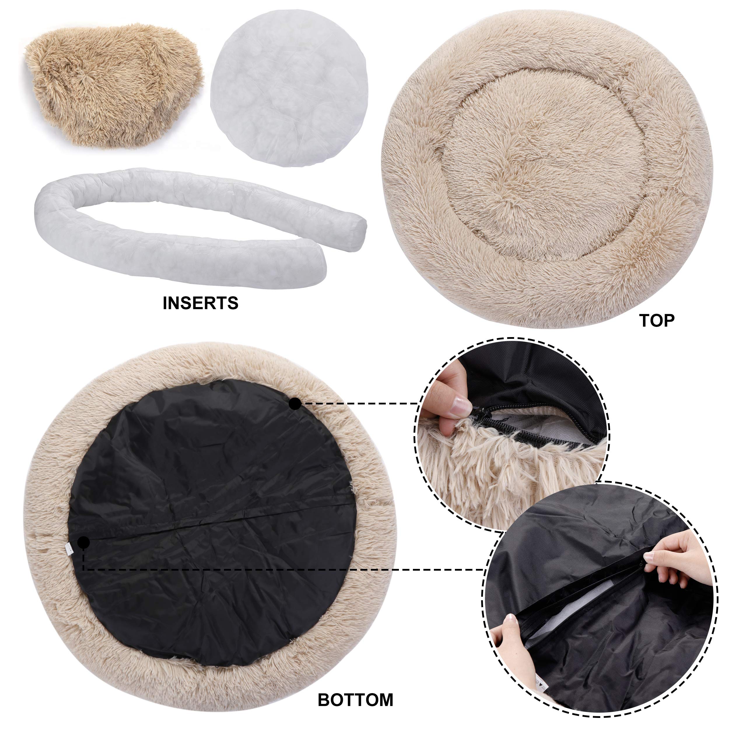 Donut Dog Bed Calming Ultra Soft Shag Faux Fur Dog Bed Comfortable Donut Cuddler for Dogs and Cats,Self Warming and Washable (30Inches, Beige)