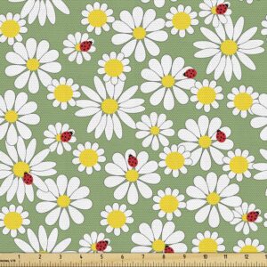 ambesonne ladybug fabric by the yard, daisy flora foliage gardening yard cottage nature exotic bloom design, decorative fabric for upholstery and home accents, 3 yards, fern green yellow white