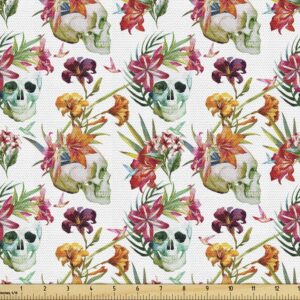 ambesonne skull fabric by the yard, lilies tropical flower blooms leaves on skull with watercolor painting effect, decorative fabric for upholstery and home accents, 1 yard, green orange