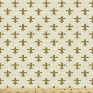 ambesonne retro fabric by the yard, fleur-de-lis flower of the lily design traditional repetitive pattern, decorative fabric for upholstery and home accents, 1 yard, cream gold