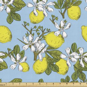 ambesonne botanical fabric by the yard, fresh lemon patterns with blossoms and branches botanical spring art, decorative fabric for upholstery and home accents, 2 yards, yellow blue