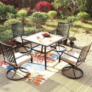 phi villa outdoor patio wood-like 37" square dining table and arm swivel chairs furniture set of 5