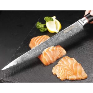 YOUSUNLONG Fillet Knife Pro Meat Carving Knife Sashimi Knife 24.5cm-Right-handed - Japanese Hammered Damascus Steel Natural Leadwood Handle With Leather Sheath