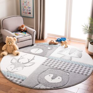 safavieh carousel kids collection 4' round grey/ivory crk188b animal nursery playroom area rug