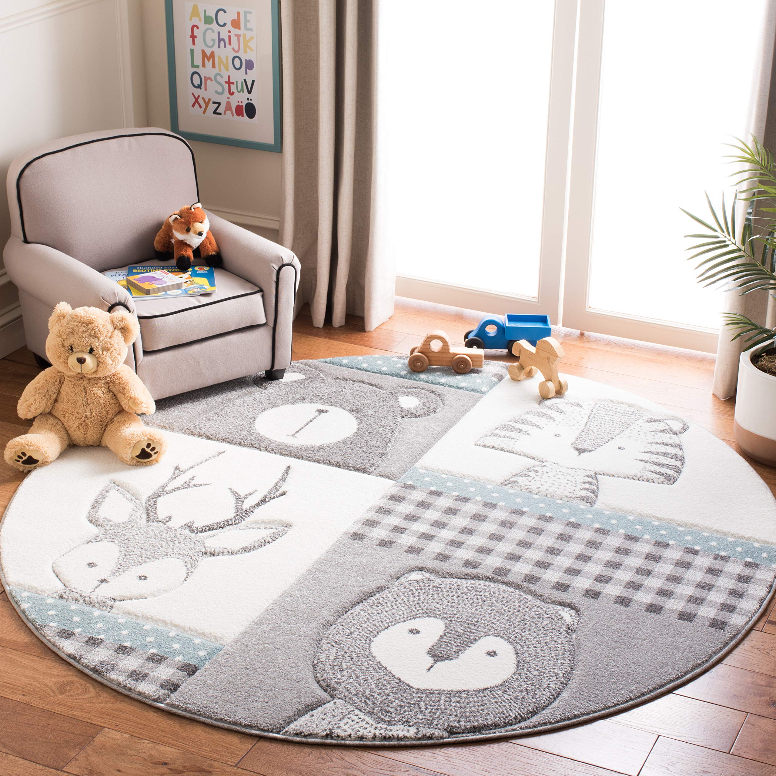 SAFAVIEH Carousel Kids Collection 4' Round Grey/Ivory CRK188B Animal Nursery Playroom Area Rug