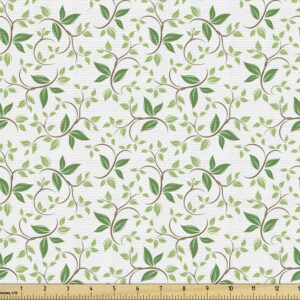 ambesonne leaf fabric by the yard, ivy patterns with tiny green leaves branches creme contemporary illustration, decorative fabric for upholstery and home accents, 1 yard, green brown