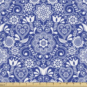 ambesonne navy blue fabric by the yard, ethnic repeating flowers folkloric traditional ornamental motifs, decorative fabric for upholstery and home accents, 3 yards, white and lavender blue