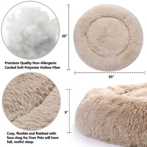 Donut Dog Bed Calming Ultra Soft Shag Faux Fur Dog Bed Comfortable Donut Cuddler for Dogs and Cats,Self Warming and Washable (30Inches, Beige)