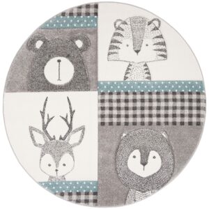 SAFAVIEH Carousel Kids Collection 4' Round Grey/Ivory CRK188B Animal Nursery Playroom Area Rug