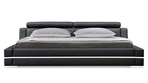 ZURI Hera Genuine Black Leather Platform Bed with Adjustable Headrests - Queen