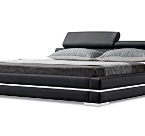 ZURI Hera Genuine Black Leather Platform Bed with Adjustable Headrests - Queen