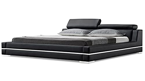 ZURI Hera Genuine Black Leather Platform Bed with Adjustable Headrests - Queen