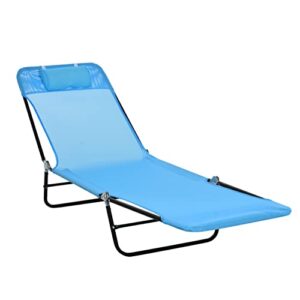 outsunny folding chaise lounge chair, pool sun tanning chair, outdoor lounge chair with reclining back, breathable mesh seat, headrest for beach, yard, patio, blue