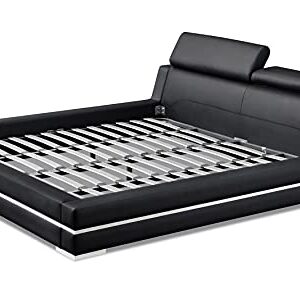 ZURI Hera Genuine Black Leather Platform Bed with Adjustable Headrests - Queen