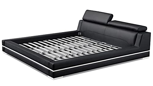 ZURI Hera Genuine Black Leather Platform Bed with Adjustable Headrests - Queen