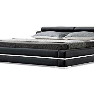 ZURI Hera Genuine Black Leather Platform Bed with Adjustable Headrests - Queen