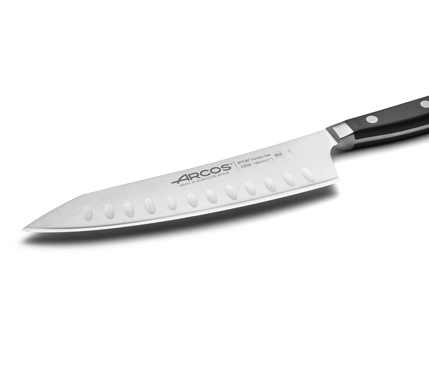 ARCOS Santoku Knife 7 Inch Nitrum Stainless Steel and 190 mm blade. Ergonomic Polyoxymethylene POM Handle.Classical design and rounded finish of great beauty and sturdiness. Series Opera. Color Black.