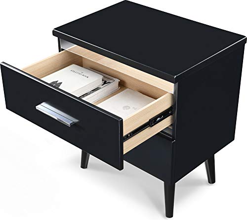 Adore Décor Lennox Mid-Century Side Table 2 Drawers Storage Nightstand, Matte Chrome Handle, Black