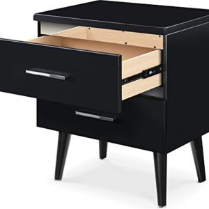 Adore Décor Lennox Mid-Century Side Table 2 Drawers Storage Nightstand, Matte Chrome Handle, Black