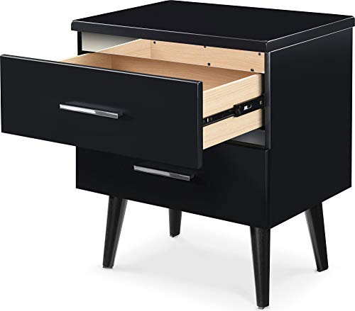 Adore Décor Lennox Mid-Century Side Table 2 Drawers Storage Nightstand, Matte Chrome Handle, Black