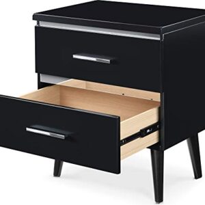 Adore Décor Lennox Mid-Century Side Table 2 Drawers Storage Nightstand, Matte Chrome Handle, Black