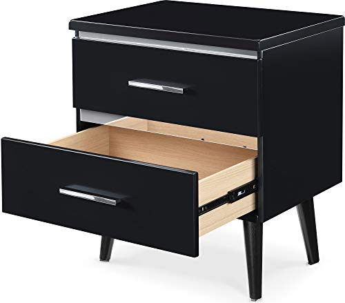 Adore Décor Lennox Mid-Century Side Table 2 Drawers Storage Nightstand, Matte Chrome Handle, Black