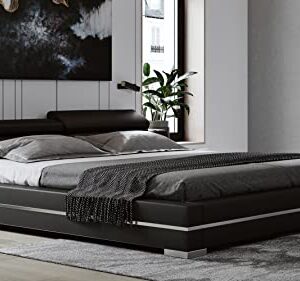 ZURI Hera Genuine Black Leather Platform Bed with Adjustable Headrests - Queen