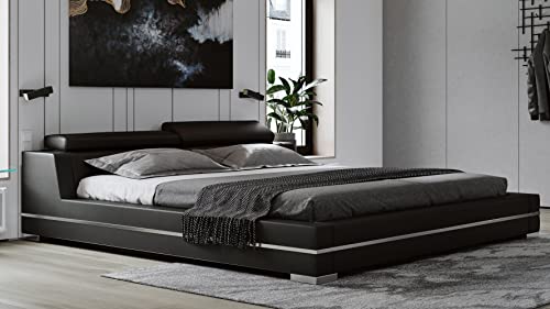 ZURI Hera Genuine Black Leather Platform Bed with Adjustable Headrests - Queen