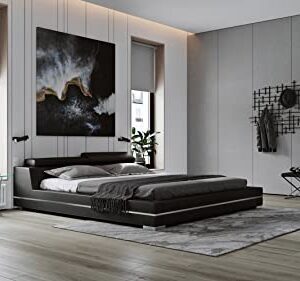 ZURI Hera Genuine Black Leather Platform Bed with Adjustable Headrests - Queen