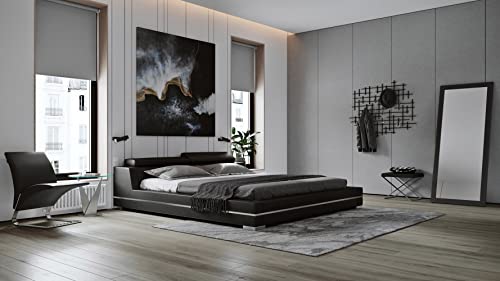 ZURI Hera Genuine Black Leather Platform Bed with Adjustable Headrests - Queen