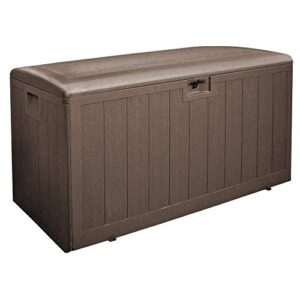 plastic development group 130-gallon weather-resistant resin outdoor storage patio deck box with gas shock lid, java