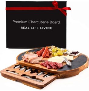 premium oval charcuterie board cheese board set: acacia wood, stainless steel knives - christmas gifts for women, house warming gifts ideas, new home, wedding gifts for couple, bridal shower