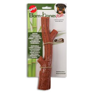 spot bam-bones plus branch -bamboo fiber & nylon, durable long lasting dog chew for aggressive chewers – great toy for adult dogs & teething puppies under 90lbs, non-splintering, 9.5in, beef flavor