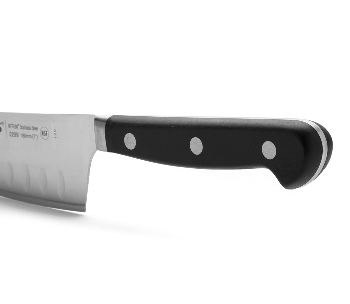 ARCOS Santoku Knife 7 Inch Nitrum Stainless Steel and 190 mm blade. Ergonomic Polyoxymethylene POM Handle.Classical design and rounded finish of great beauty and sturdiness. Series Opera. Color Black.