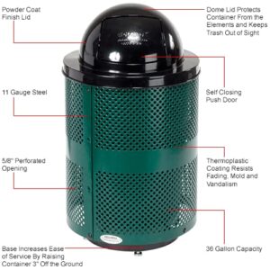 Global Industrial 36 Gallon Deluxe Thermoplastic Perforated Receptacle w/Dome & Base, Green