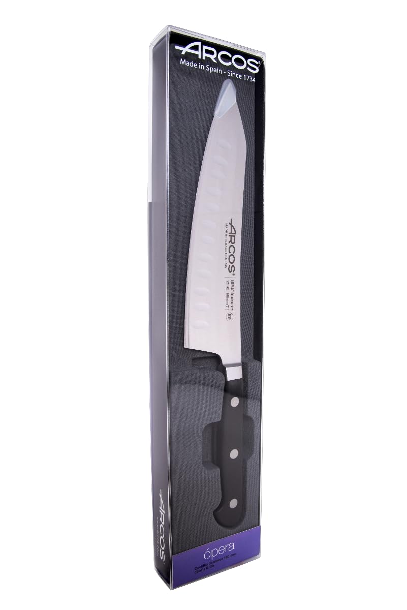 ARCOS Santoku Knife 7 Inch Nitrum Stainless Steel and 190 mm blade. Ergonomic Polyoxymethylene POM Handle.Classical design and rounded finish of great beauty and sturdiness. Series Opera. Color Black.