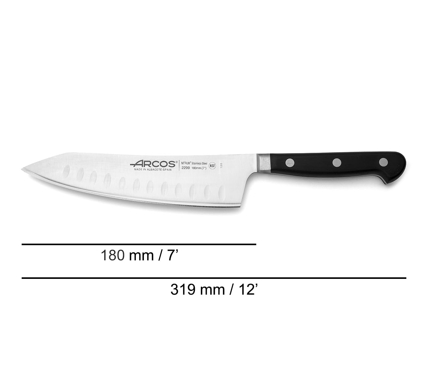 ARCOS Santoku Knife 7 Inch Nitrum Stainless Steel and 190 mm blade. Ergonomic Polyoxymethylene POM Handle.Classical design and rounded finish of great beauty and sturdiness. Series Opera. Color Black.