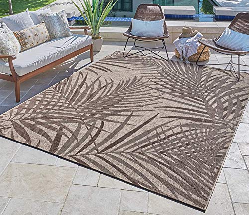 Gertmenian Indoor Outdoor Area Rug, Classic Flatweave, Washable, Stain & UV Resistant Carpet, Deck, Patio, Poolside & Mudroom, 5x7 Ft Standard, Royal Palm Leaf, Tan