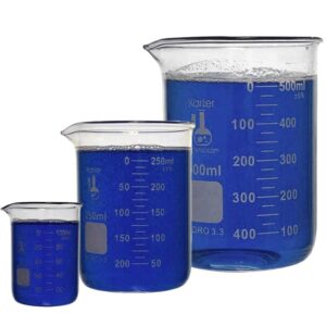 Glass Low Form Beaker Set, 3.3 Boro. Glass, Double Scale, 3 Sizes - 100, 250, and 500ml, Karter Scientific 214T6