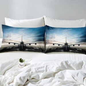 Kids Boys Airplane Duvet Cover Twin Blue Sky Aviation Aircraft Runway Bedding Set 3D Print Luxury Microfiber Modern Airplane Pattern Comforter Cover for Men Cool Bedspread Cover with 1 Pillow Sham