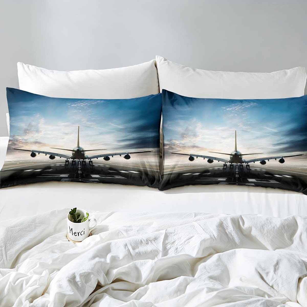 Kids Boys Airplane Duvet Cover Twin Blue Sky Aviation Aircraft Runway Bedding Set 3D Print Luxury Microfiber Modern Airplane Pattern Comforter Cover for Men Cool Bedspread Cover with 1 Pillow Sham