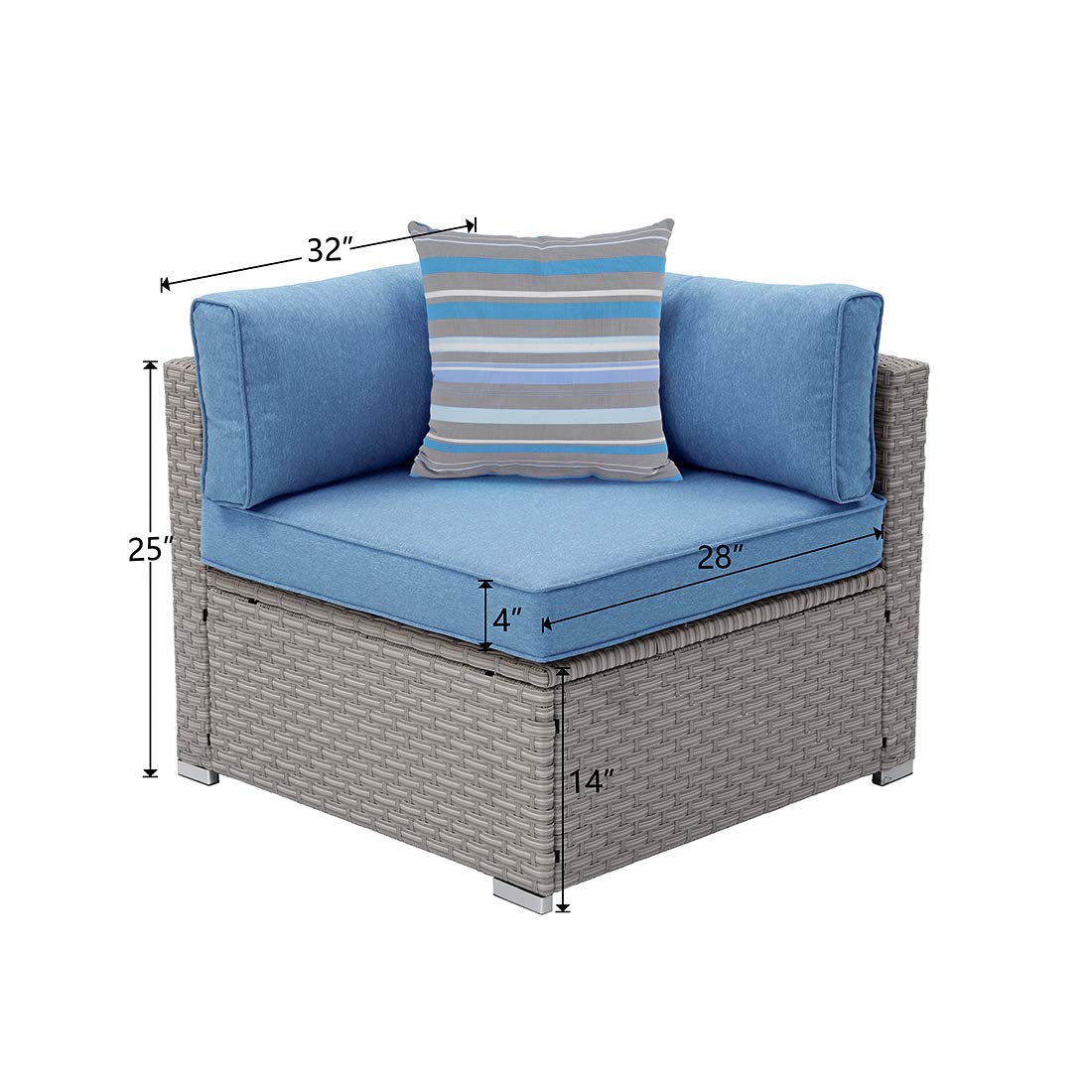 COSIEST Outdoor Furniture Add-on Right Corner Chair for Expanding Wicker Sectional Sofa Set w Denim Blue Thick Cushions, 1 Stripe Woven Pillow for Garden, Pool, Backyard