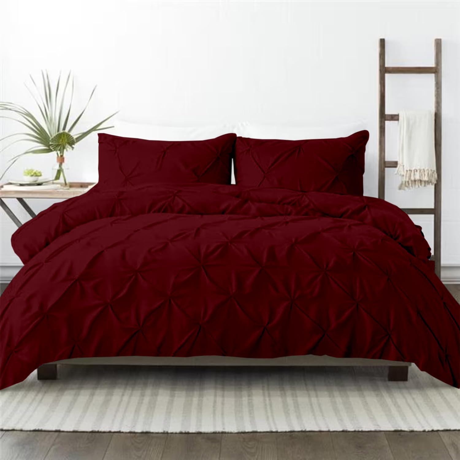 Kotton Culture 600 Thread Count Pinch Pleated 3 Piece Duvet Cover Set 100% Egyptian Cotton Breathable All Season Comforter Cover with Zipper Closure & Corner Ties (Burgundy,Super Oversized King)